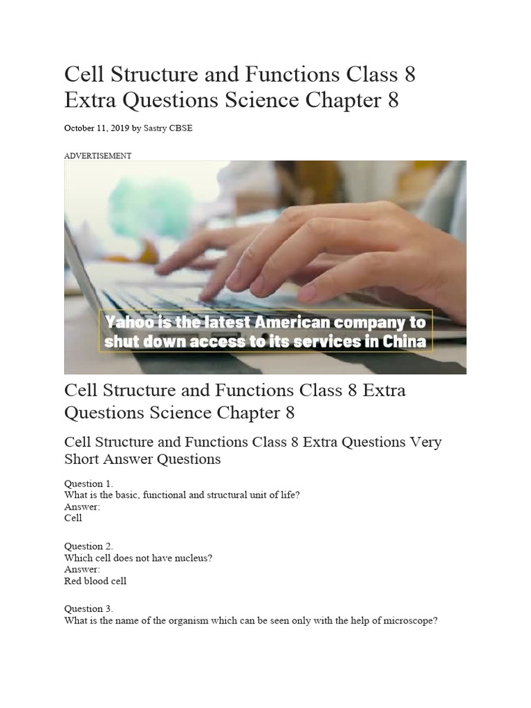 Cell Structure and Functions Class 8 Extra Questions Science Chapter 8 | PDF | Cell (Biology ...