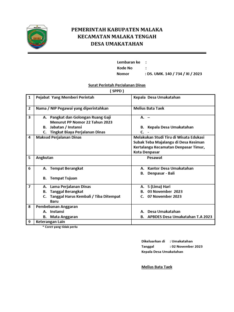 SPPD Desa Umakatahan ke Bali | PDF