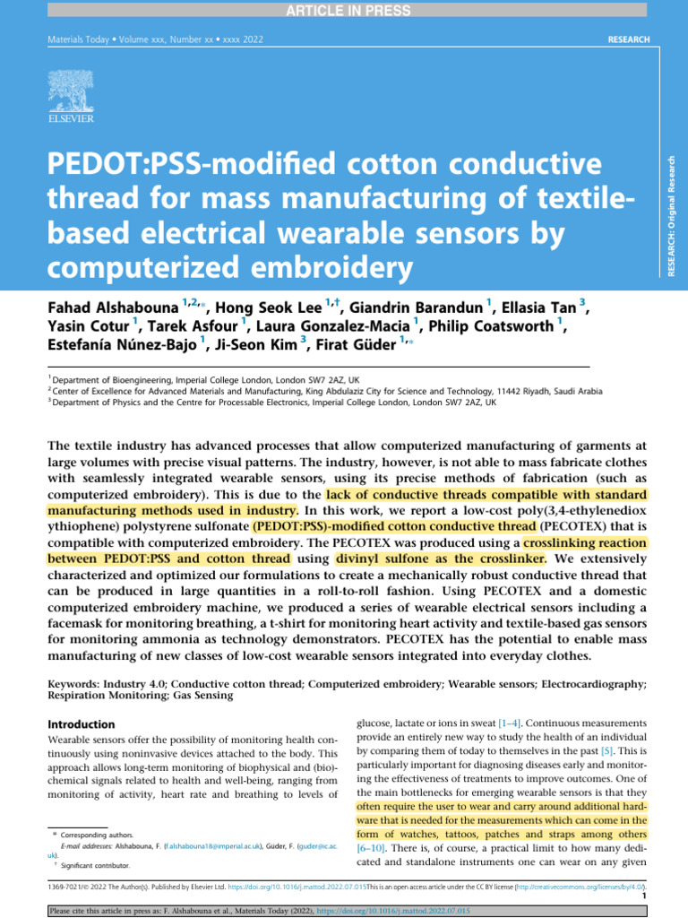 PECOTEX: Conductive Thread for Wearables | PDF | Embroidery | Textiles