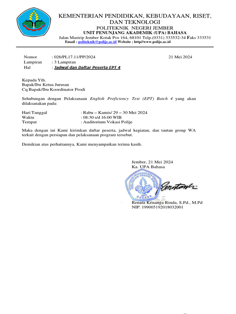 Surat Ke Kaprodi EPT Batch 4 (Jadwal Dan Daftar Peserta) | PDF