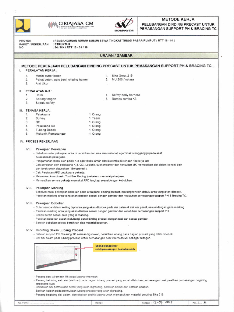 METODE PEK. PELUBANGAN DINDING PRECAST Unk SUPPORT PH & BRACING TC | PDF