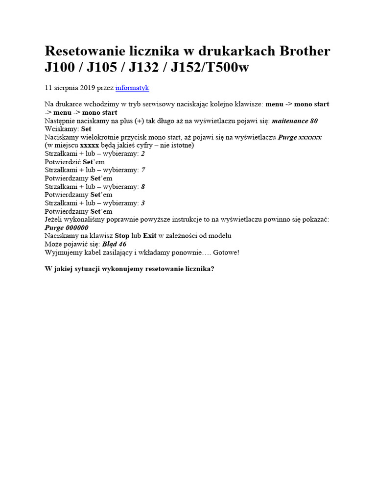 Resetowanie Licznika W Drukarkach Brother J100 | PDF