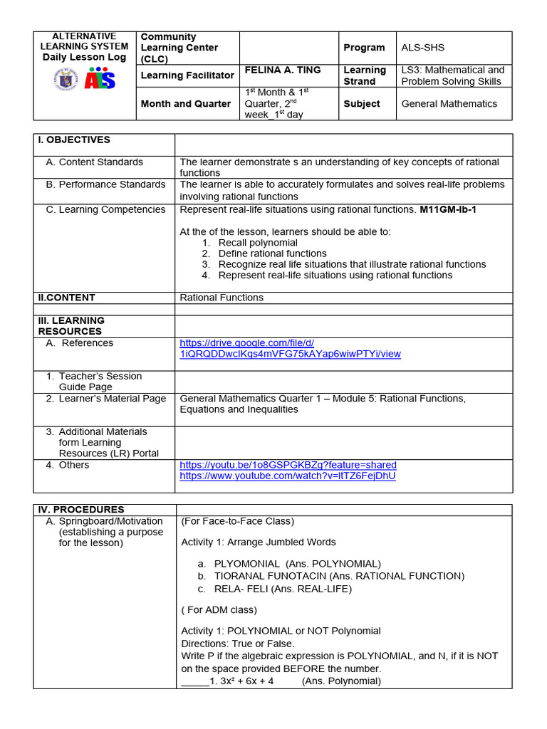 LS3 GenMath 1st QTR Week2 Day1 | PDF | Polynomial | Function (Mathematics)
