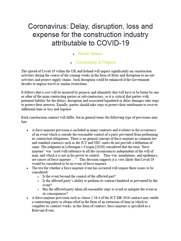 Coronavirus Delay Disruption Loss Pdf Common Law Private Law