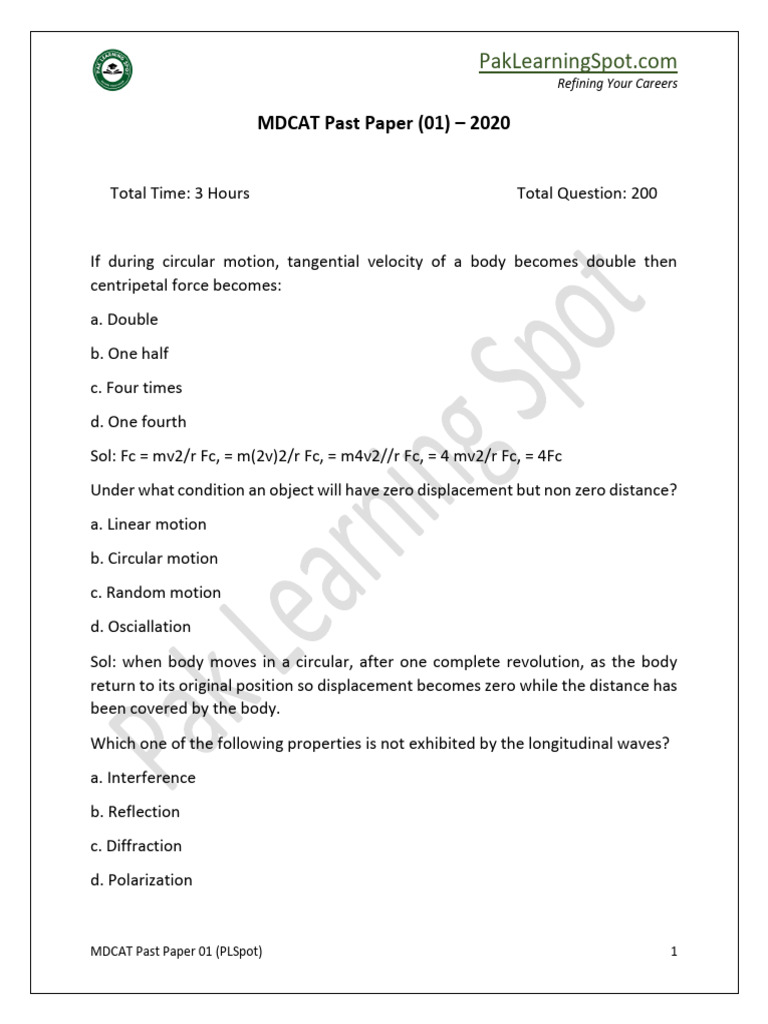 MDCAT Past Papers 01 2020 PLSpot | PDF | Rectifier | Dominance (Genetics)