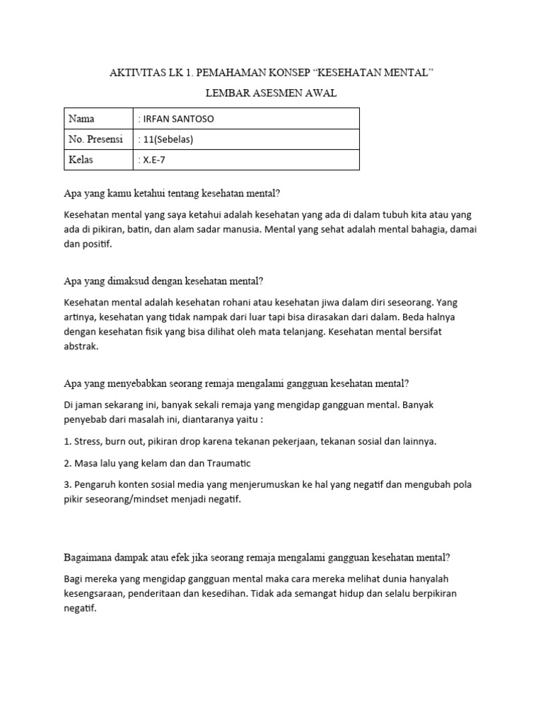 Aktivitas LK 1. Pemahaman Konsep "Kesehatan Mental" | PDF | Sains & Matematika | Gaya Hidup