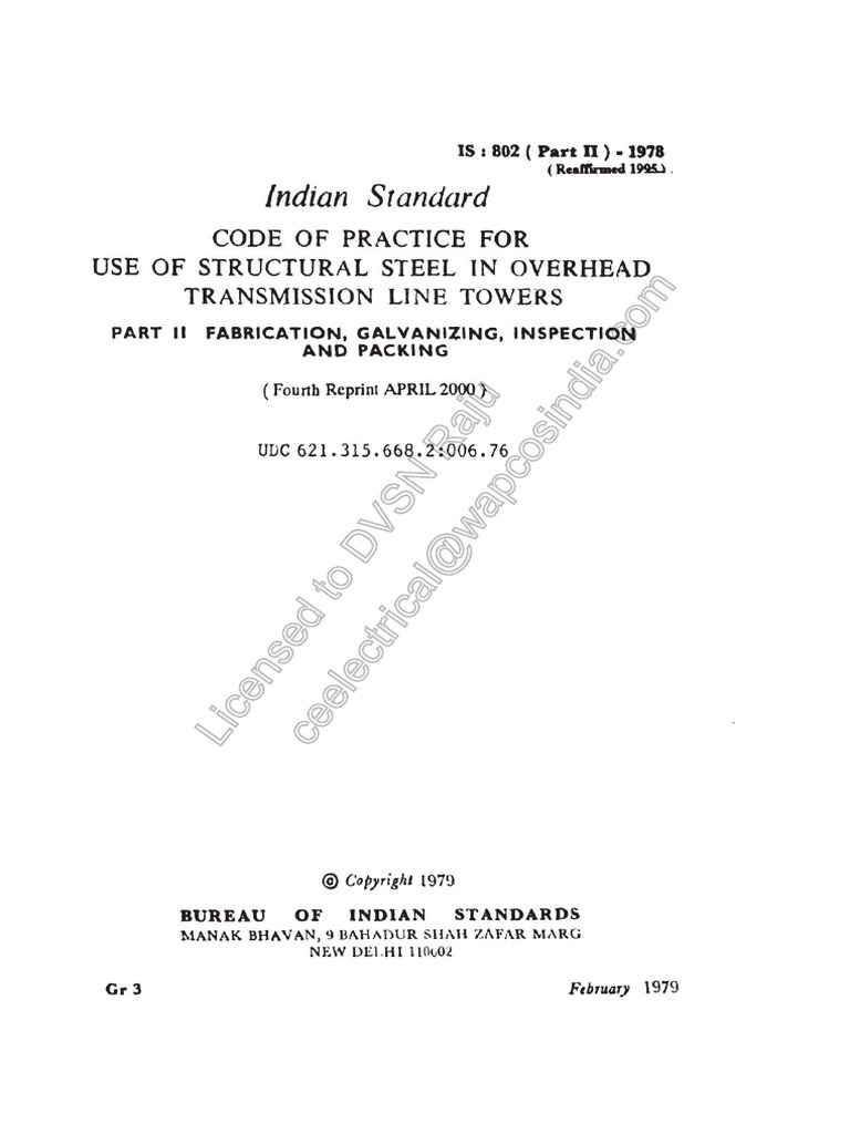IS 802 - 2 2000 Use of Structural Steel in Overhead Transmission Line Towers | PDF