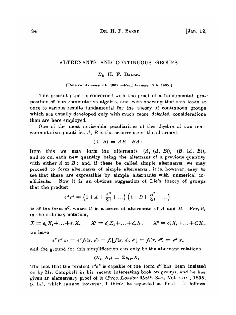 Alternants and Continuous Groups. Proc. London Math Baker | PDF ...