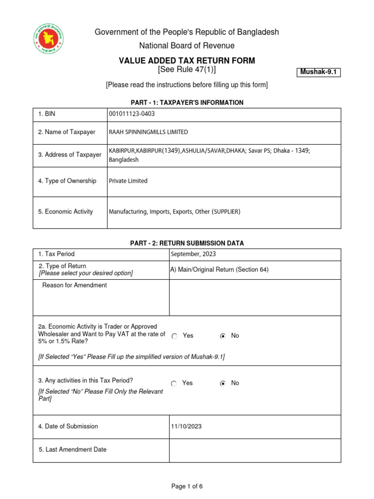 Mushak-9.1 VAT Return On 11.OCT.2023 | PDF | Value Added Tax | Taxes
