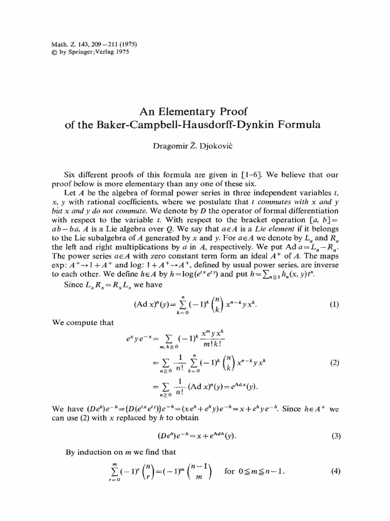An Elementary Proof of The Baker-Campbell-Hausdorff-Dynkin Formula Dragomir Ž. Djoković | PDF ...