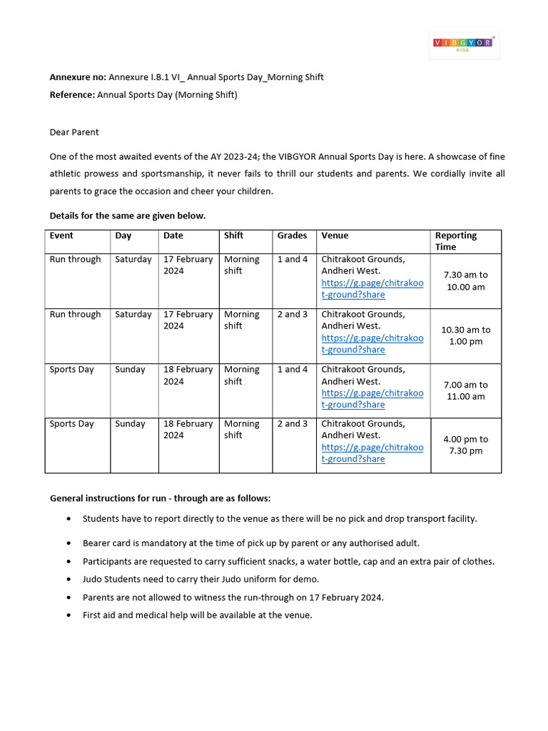 Annexure I. B. 1 Vi Annual Sports Day Morning Shift | PDF