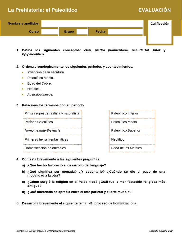 Paleolitico Eval Sol Prueba Unidad Niv 2 | PDF | Paleolítico | Humano