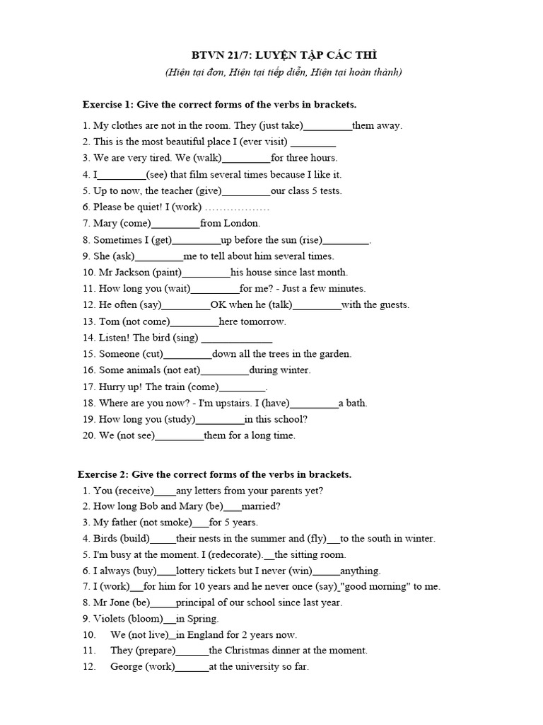 Bu I 2 - BTVN Các Thì | PDF