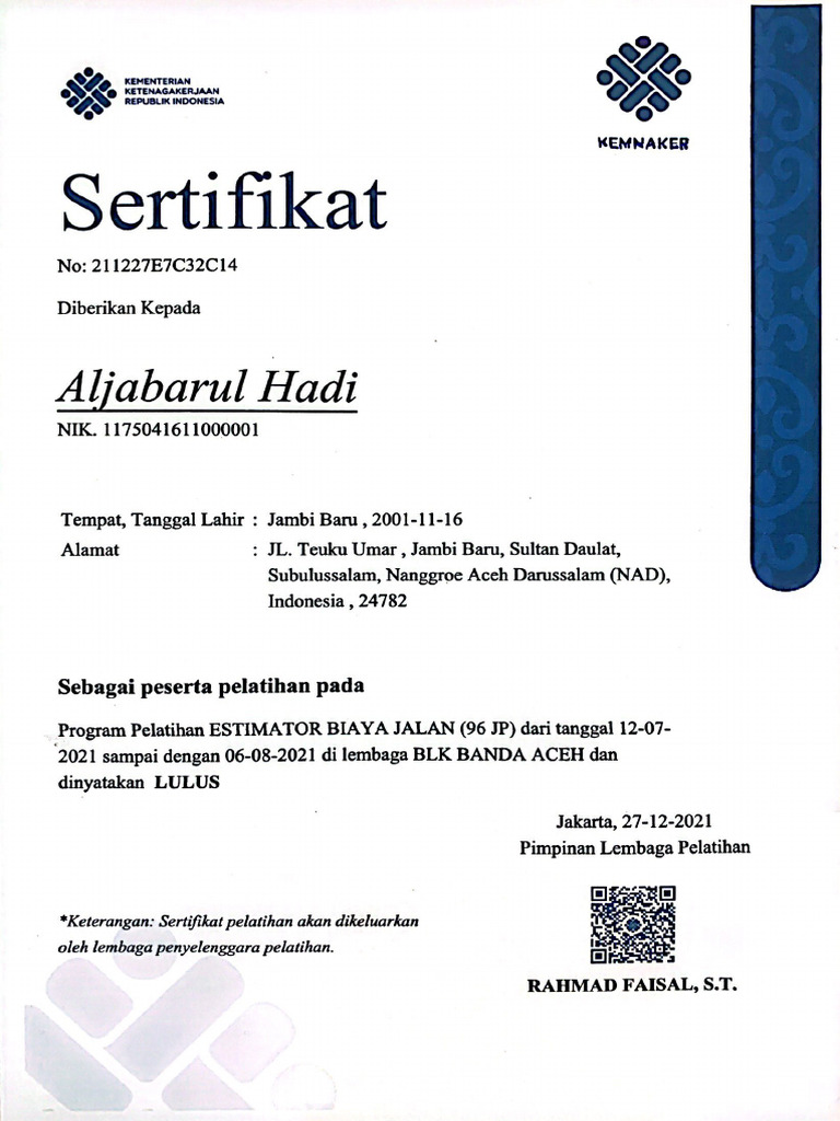 Sertifikat BLK Hadi | PDF