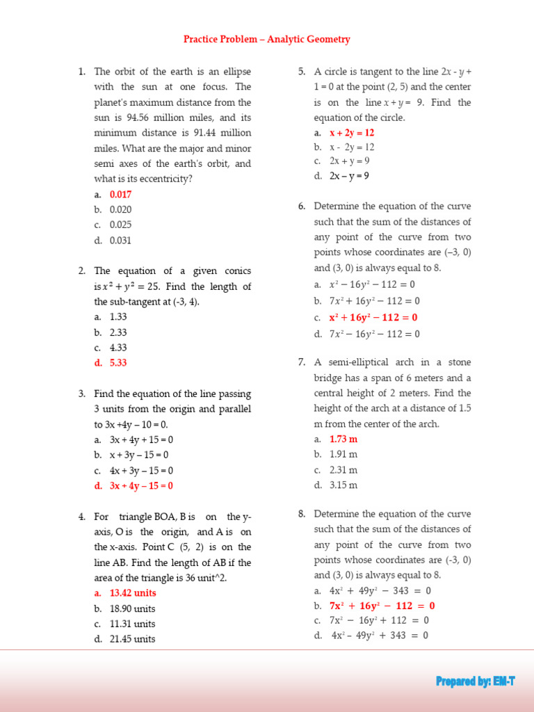 Analytic Geometry Practice Problem | PDF | Ellipse | Classical Geometry