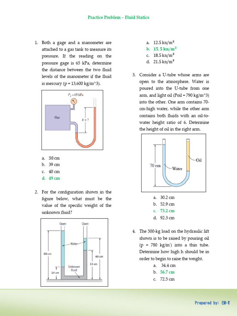 Practice Problem – Fluid Statics | Download Free PDF | Pressure | Pressure Measurement