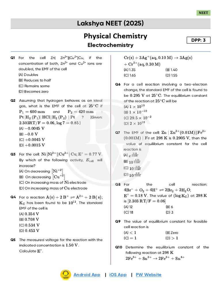 Electrochemistry - DPP 03 (Of Lecture 05) - Lakshya NEET 2025 | PDF ...