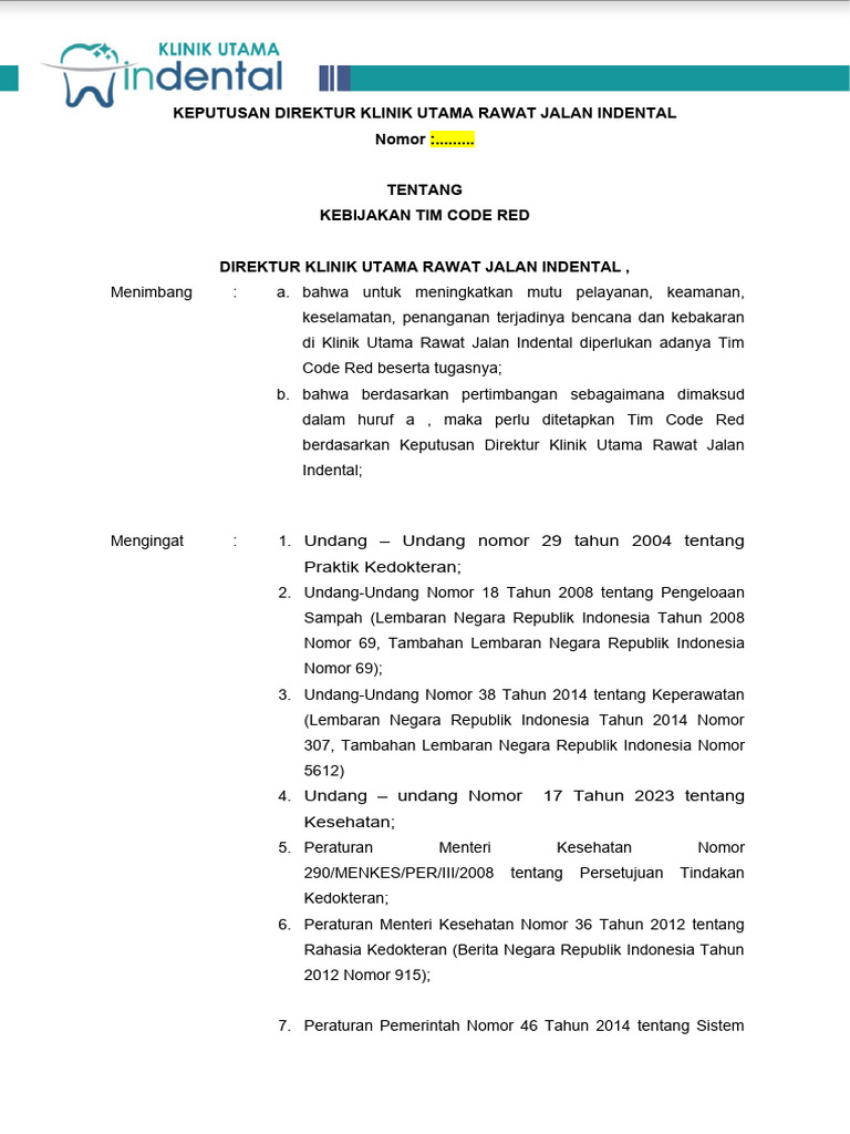 Kebijakan Tim Code Red Klinik Indental | PDF