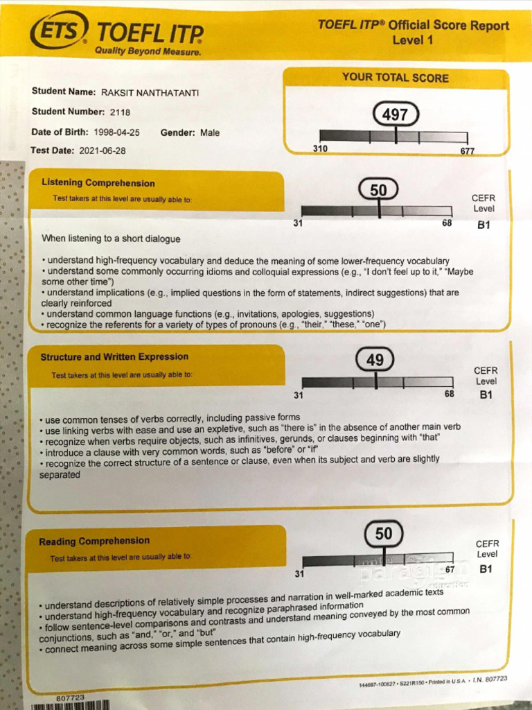 Toefl ITP Score Report | PDF | Verb | Clause