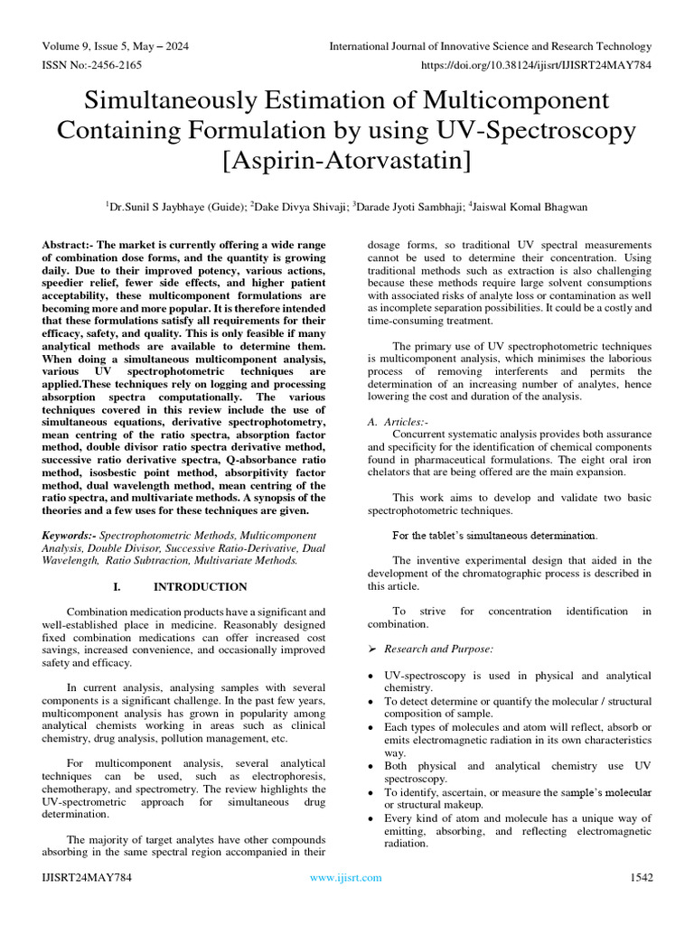 Simultaneously Estimation Of Multicomponent Containing Formulation By Using Uv Spectroscopy