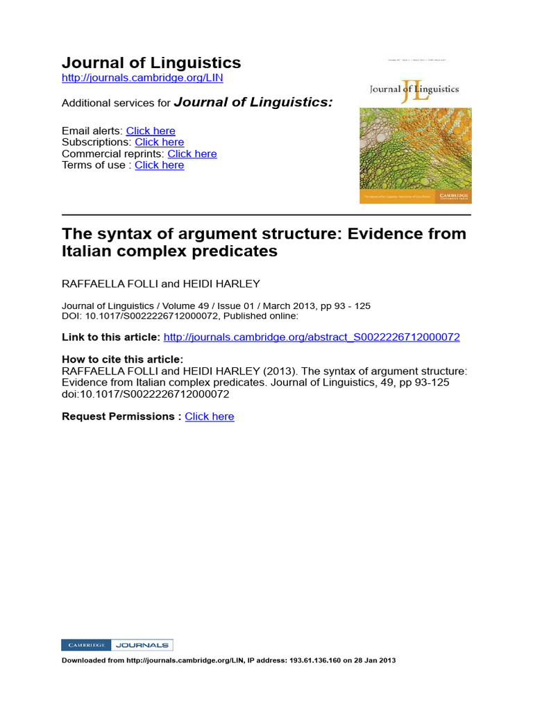 Argument Structure Italian Complex Predicates Pdf Lexical Semantics Syntax