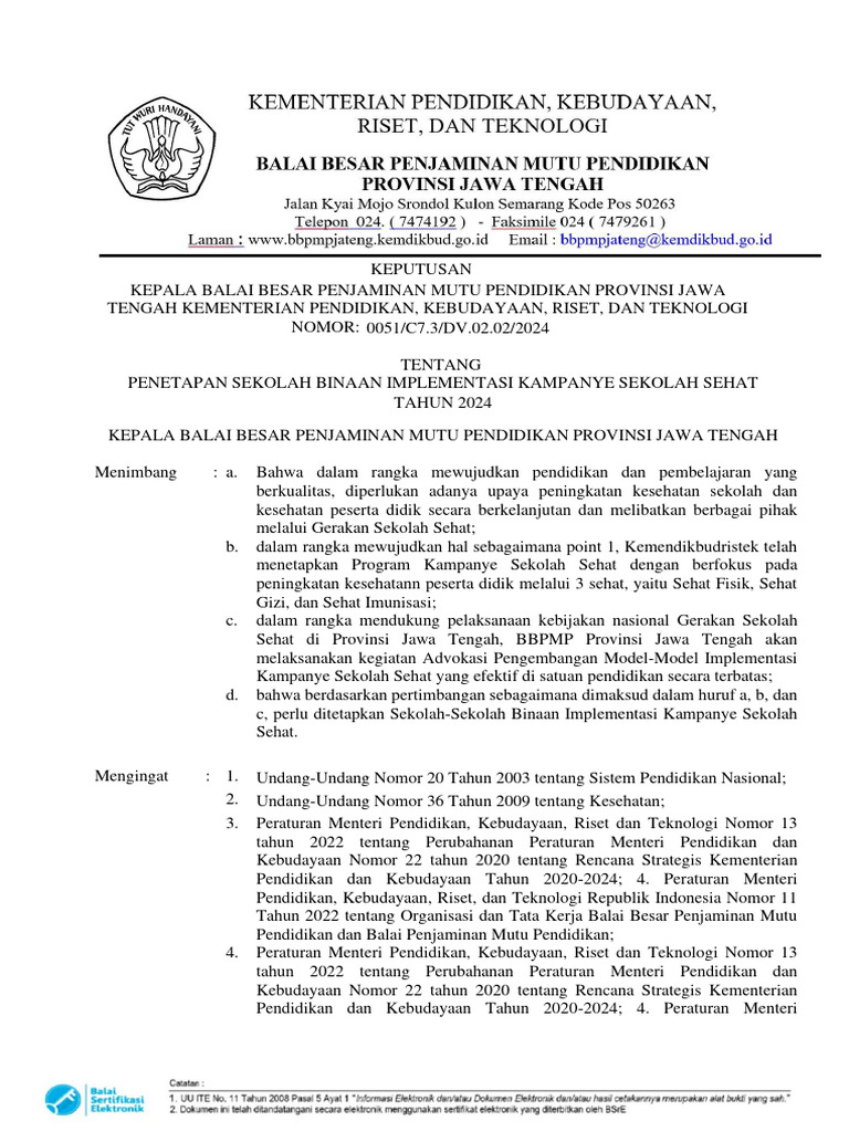09 SK - Ka. - BBPMP - Jateng - Tentang - Penetapan - Sekolah - Binaan - KSS 2024 Oce-1 | PDF
