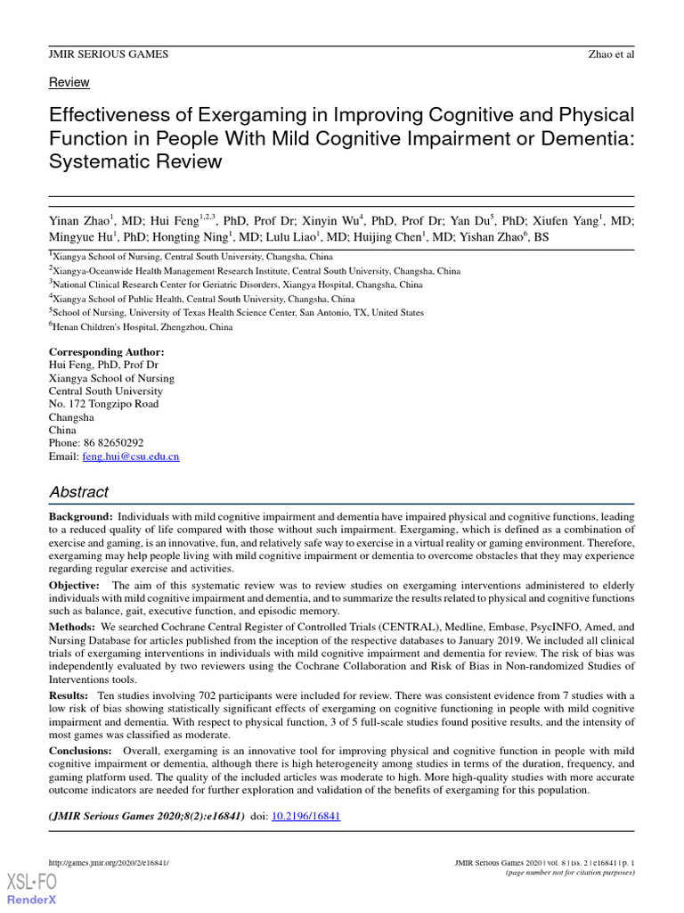 Effectiveness of Exergaming in Improving Cognitive and Physical Function in People With Mild ...