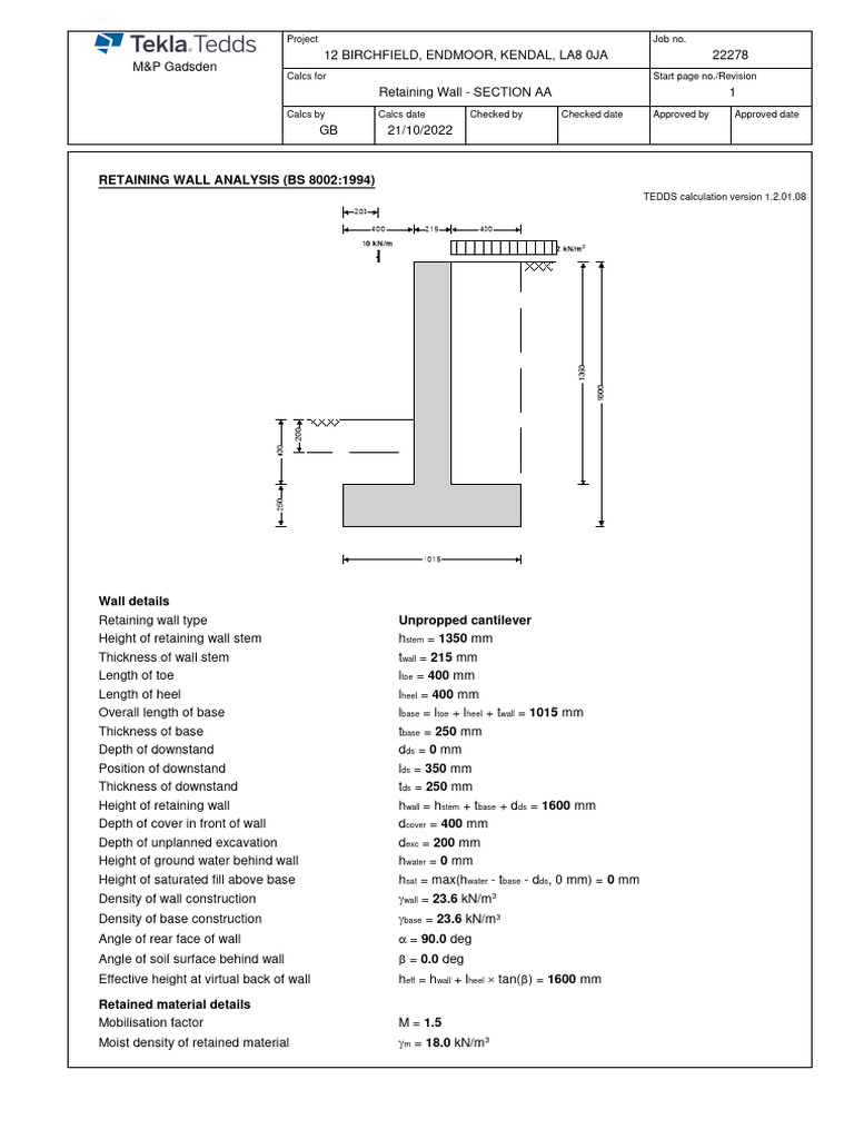 Retaining Wall Design Calculations | PDF | Friction | Mechanical ...