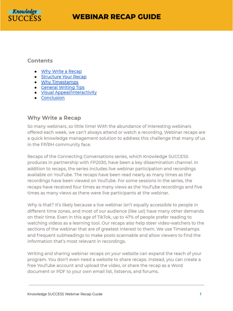 Knowledge Success Webinar Recap Guide | PDF | You Tube | Linguistics