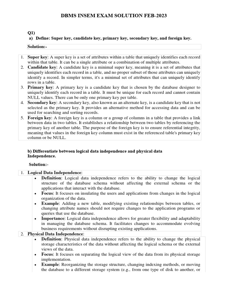 DBMS - Feb - 2023 - Insem Solution | PDF | Databases | Relational Database