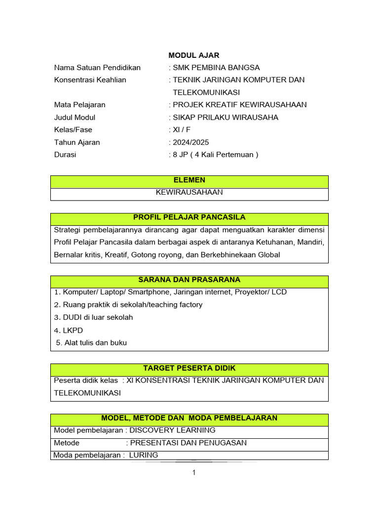 Modul Ajar Kewirausahaan Smk Kelas Xi Pdf Karier Perkembangan