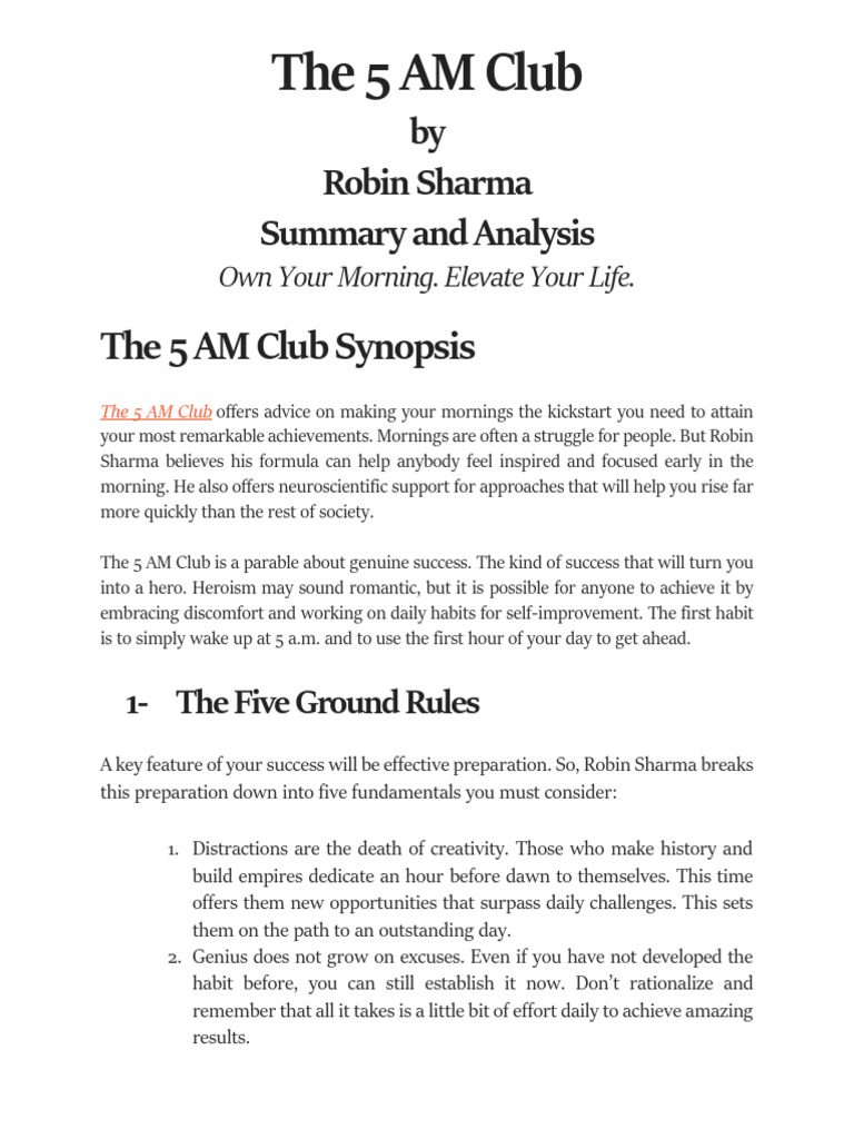 The 5 AM Club by Robin Sharma - Book Summary | PDF | Habits | Self Control