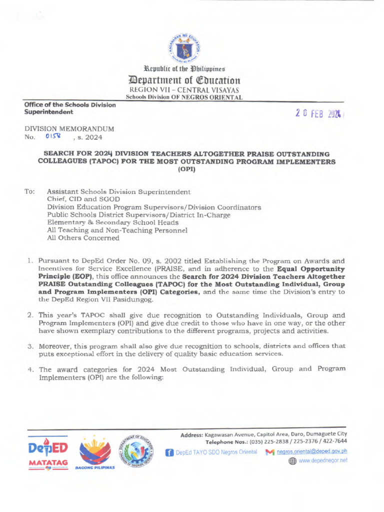 DM No. 0158 S. 2024 Search For 2024 Division Teachers Altogether Praise Outstanding Colleagues ...