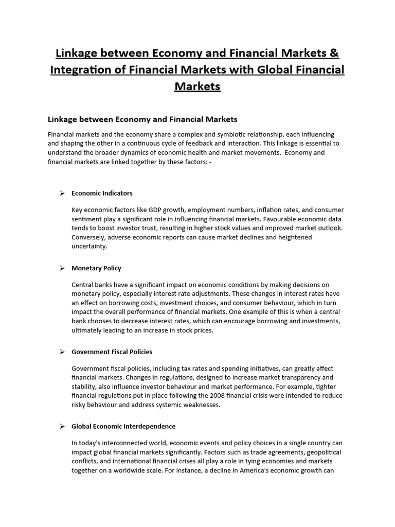 Linkage Between Economy and Financial Markets Integration of Financial ...