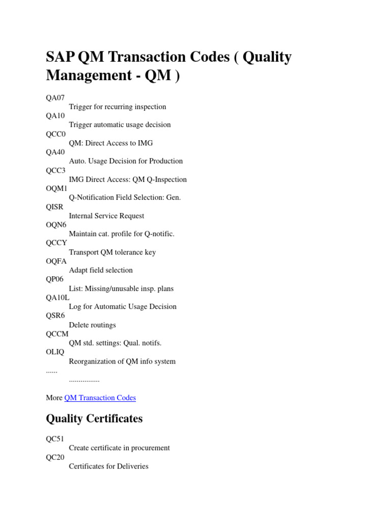 SAP QM T Codes | Download Free PDF | Computing | Information Technology