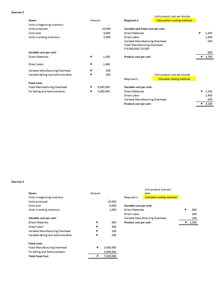 Exercise 2 Given: Required 1: Variable and Fixed Cost Per Unit | Download Free PDF | Inventory ...