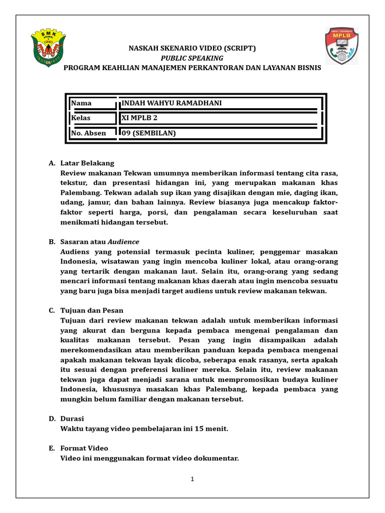 Indah Wahyu r. Format Script Pembuatan Video (Public Speaking) | PDF