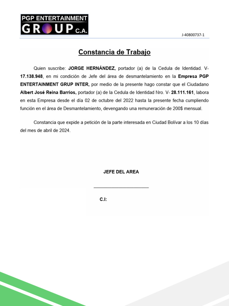 Constancia de Trabajo de Albert Reina | PDF