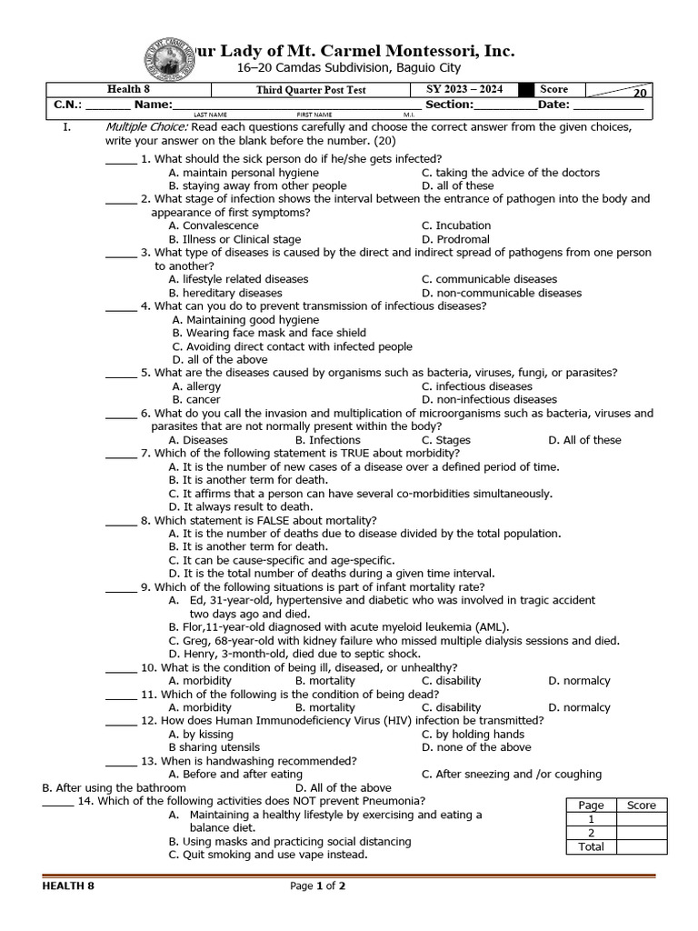 Health 8 Post Test | PDF | Infection | Influenza