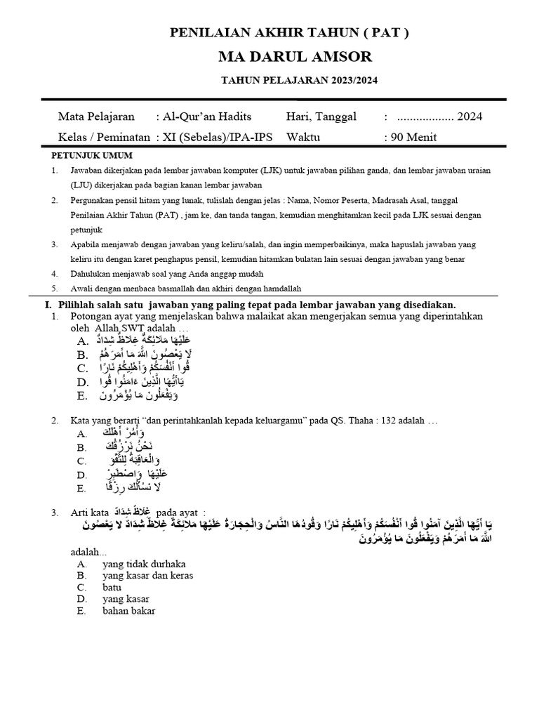 2c. Naskah Soal_quran Hadits_ Pat-xi - Ma Al-Atiqiyah 2024 | PDF