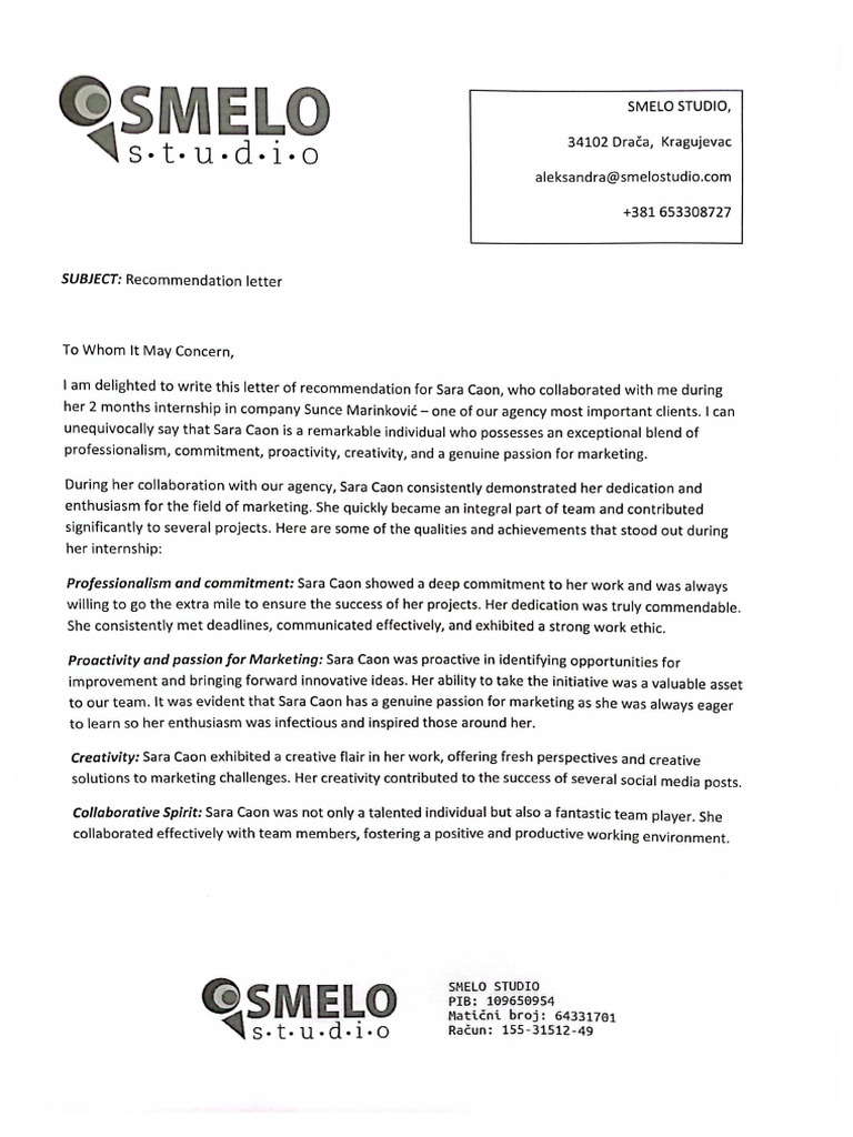 recommendation letter smelo studio | PDF