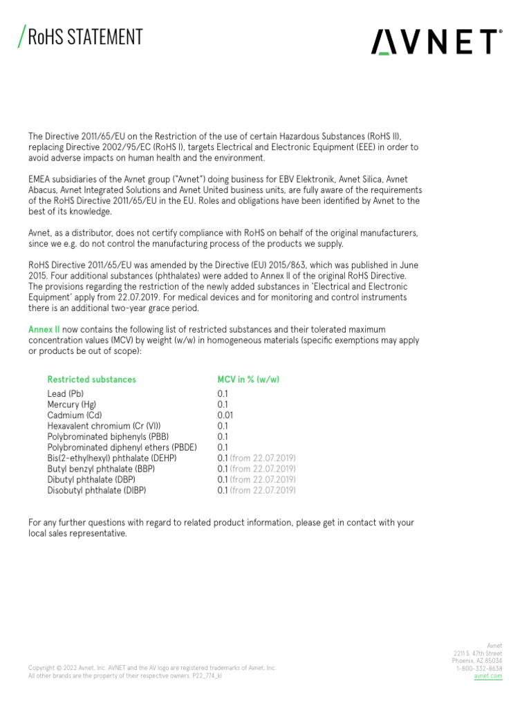 RoHS Statement AVNET - EMEA | PDF | Materials | Environmental Chemistry