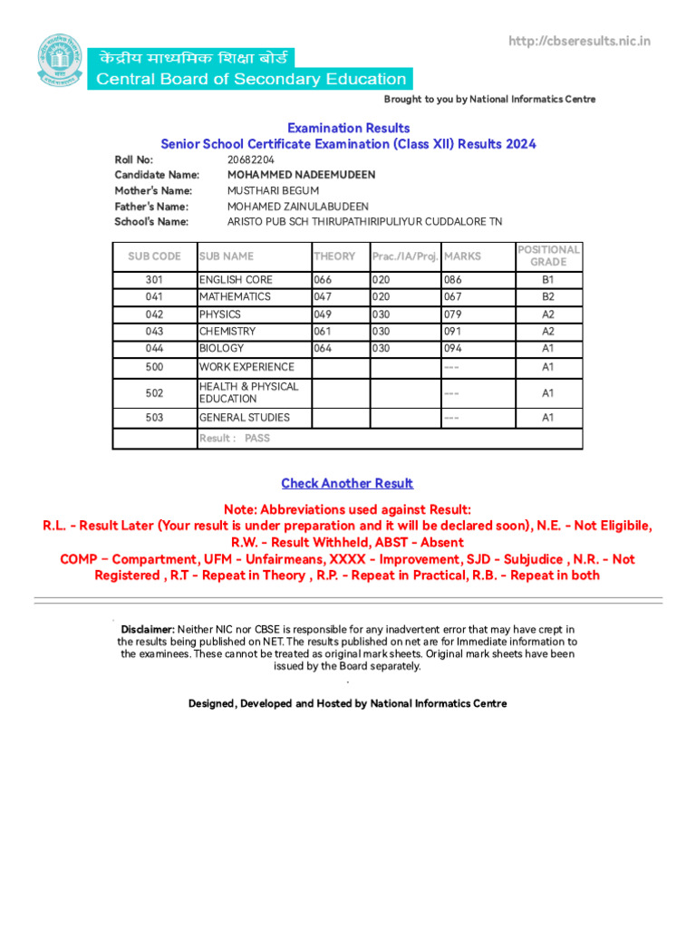 CBSE - Senior School Certificate Examination (Class XII) Results 2024 ...