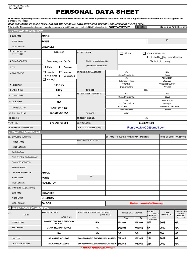 Copy-Personal-Data-Sheet-CS-Form-No.-212-Revised-2017 | PDF | Passport ...