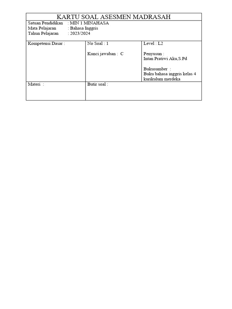Kartu Soal Asesmen Madrasah Kelas 6 Real | PDF