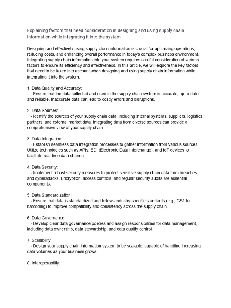 Explaining factors that need consideration in designing and using supply chain information while ...