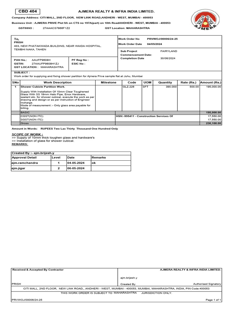 Shower Partition Work Order for Ajmera Prive | PDF | Employment | Taxes