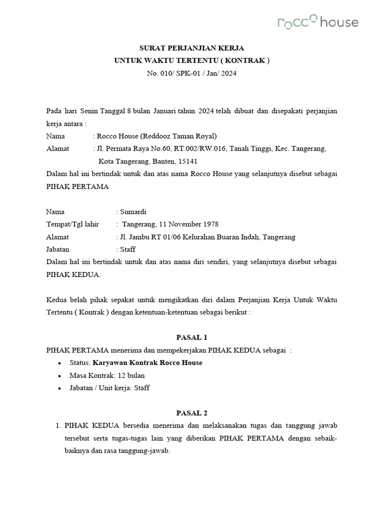 Draft Surat Perjanjian Kontrak Kerja Kontrak Pdf