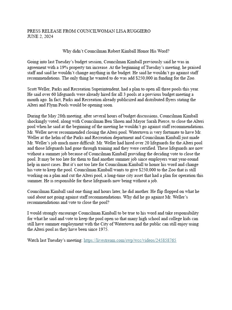 Watertown City Councilmember Ruggiero June 2 2024 Press Release | PDF