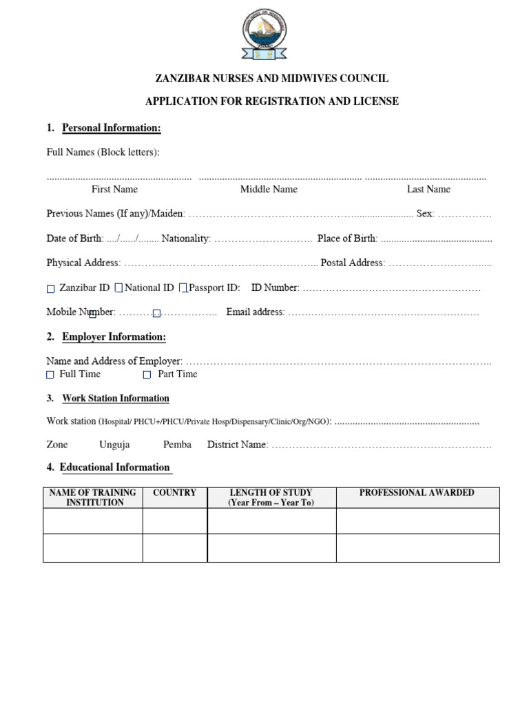 Zanzibar Nurse Registration Form | PDF | Nursing | Midwife